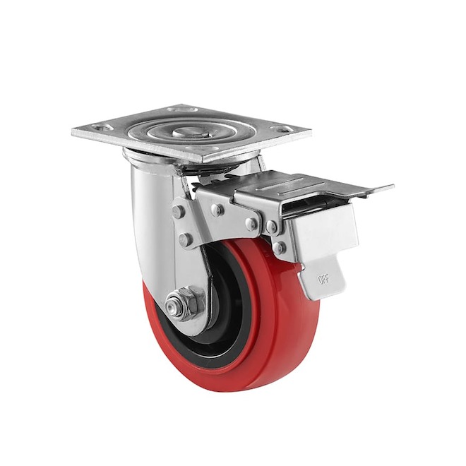 Roulette pivotante en polyurethane avec plaque et frein MAXWHEELS rouge ...