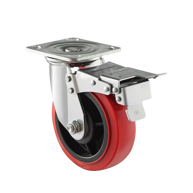 Roulette pivotante en polyurethane avec plaque et frein MAXWHEELS rouge ...