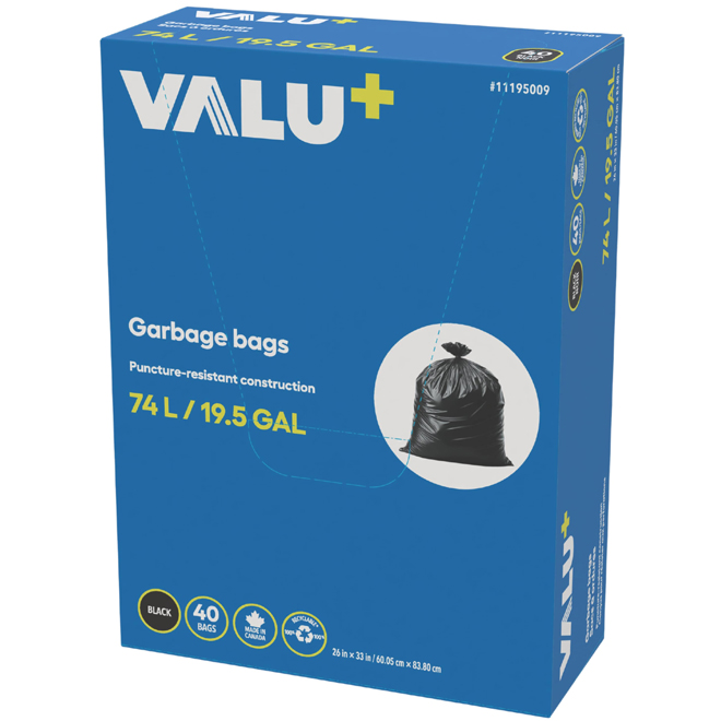 VALU+ 74-L Black Plastic Strong Garbage Bags - 40 per Box 26339 | RONA