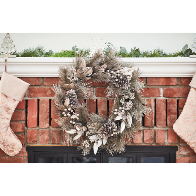Holiday Living Wreath with Pine Cones - Snow Angel - 24-in - Champagne ...
