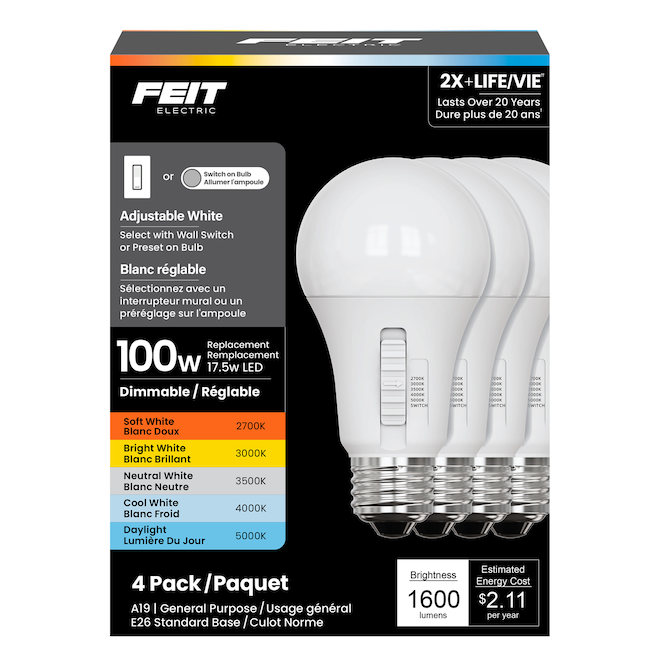 FEIT Electric LED Light Bulb A19 100 W Dimmable - Adjustable White - Pack of 4 | RONA