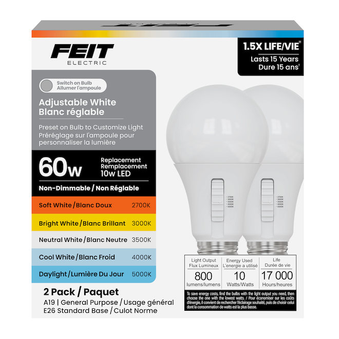 FEIT Electric LED Light Bulb A19 60 W Non-Dimmable - Adjustable White - Pack of 2 ...