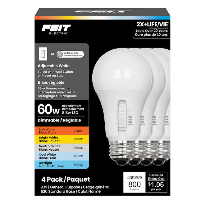 FEIT Electric LED Light Bulb A19 60 Dimmable - Adjustable White - Pack ...
