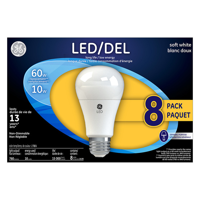 GE Pack of 8 LED A19 Bulbs - 10 W - Soft White 99294 | RONA