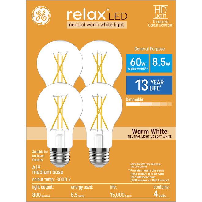 GE Lighting Warm White 60W A19 LED Bulb, 4-Pack 93131112 | RONA