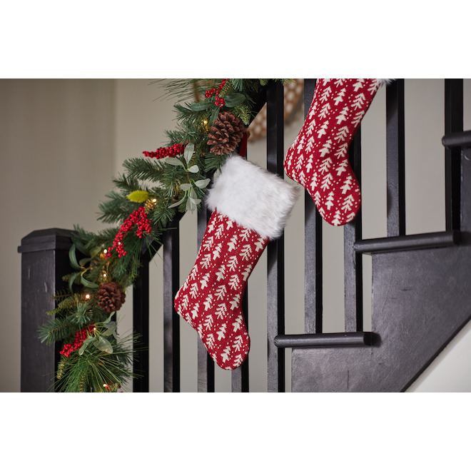 Holiday Living 21-in Red and White Knit Christmas Stocking with Trees ...