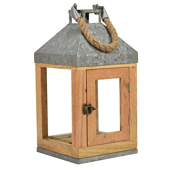 Lanterne en bois naturel et acier galvanisé Allen + Roth, 7,5 po x 15,4 ...