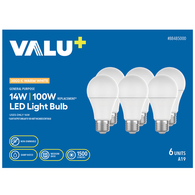 VALU+ A19 LED Light Bulb 14W 3000K of Warm White - Pack of 6 ...