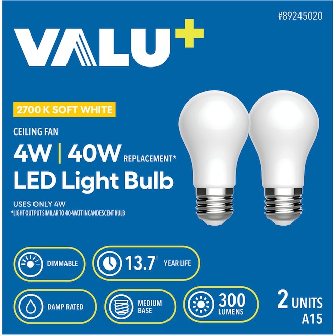 VALU+ LED Light Bulb A15 for Ceiling Fan 40 W Dimmable - Soft White ...