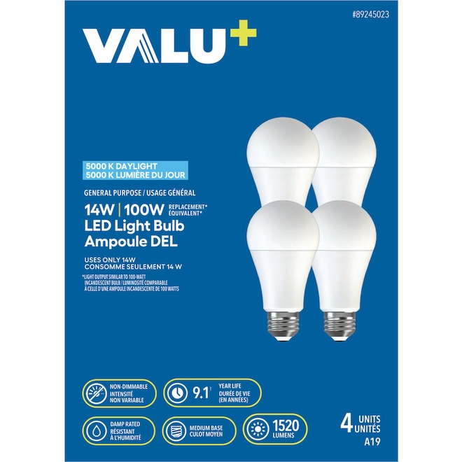 VALU+ LED Light Bulb A19 100 W Non-Dimmable - Daylight - Pack of 4 ...