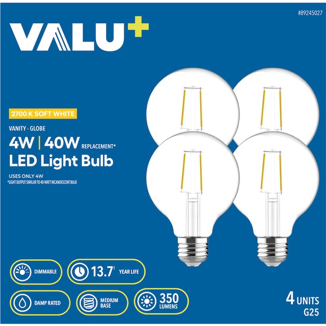 VALU+ Globe Clear LED Light Bulb 40 W Dimmable - Soft White - Pack of 4 ...
