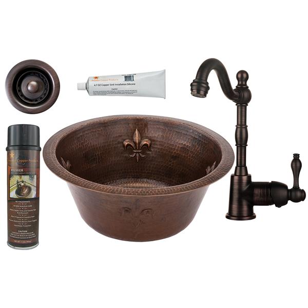 Premier Copper Products Round Copper Sink with Faucet and Drain - 16-in ...