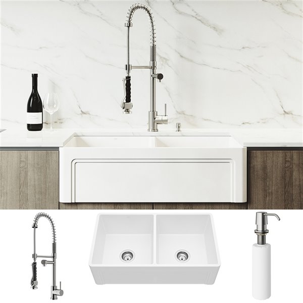 VIGO Matte Stone White Kitchen Sink with Stainless Faucet-Double Bowl ...