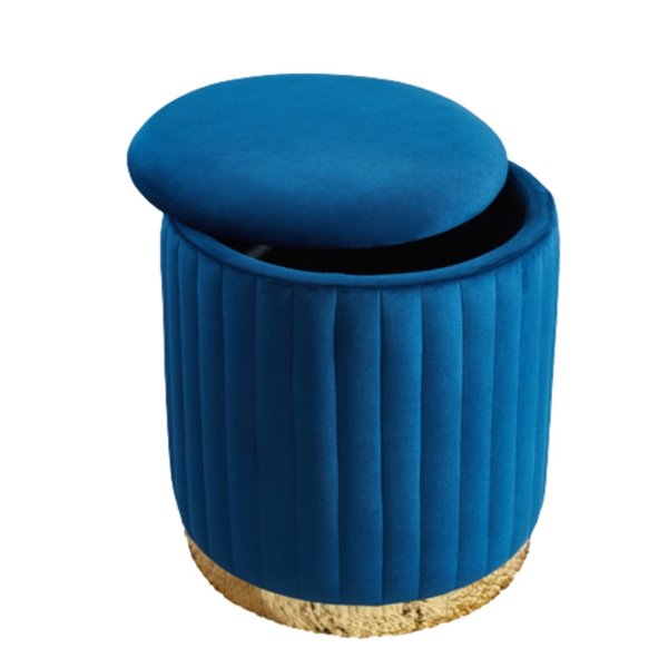 iH casadécor Modern Blue Velvet Round Ottoman with Storage PL-1092NB | RONA