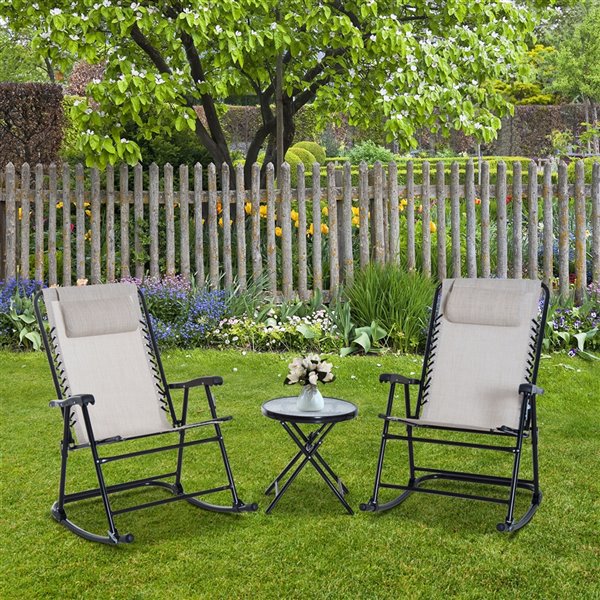 Outsunny Rocking Chair Set Black Metal Rocker Balcony Chairs with Cream ...