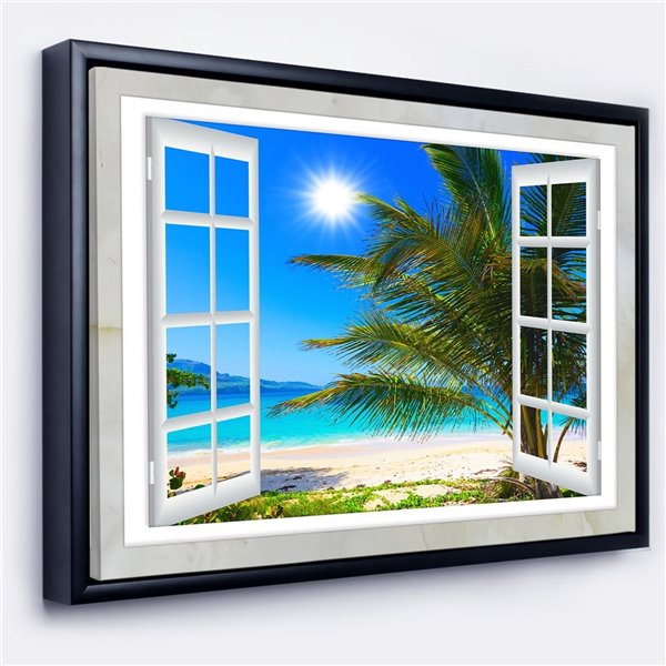 Designart 30-in x 40-in Window Open to Beach with Palm Seashore Black ...