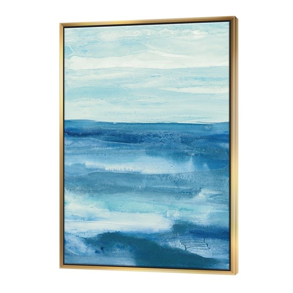 Designart 40-in x 30-in Lost in Blue Panel with Gold Wood Framed Wall ...
