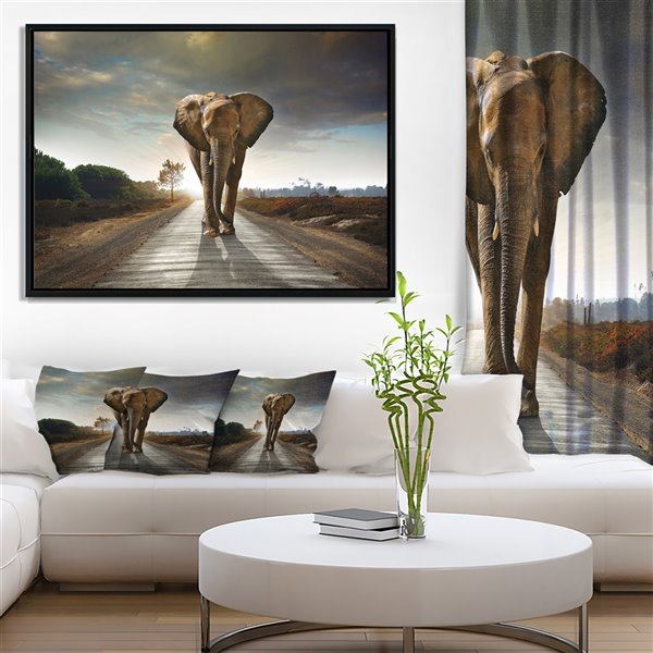 Designart 30-in x 40-in Single Walking Elephant with Black Wood Framed ...