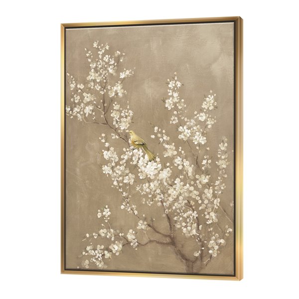 Designart 46-in x 36-in White Cherry Blossom III with Gold Wood Framed ...