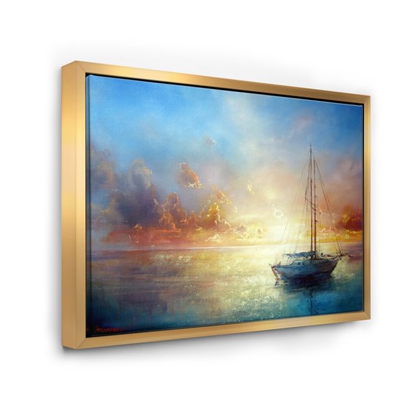 Designart 16-in x 32-in Seascape Pier with Gold Wood Framed Canvas Wall ...