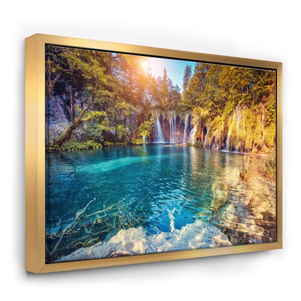 Designart 16-in x 32-in Turquoise Water and Sunny Beams With Gold Wood ...