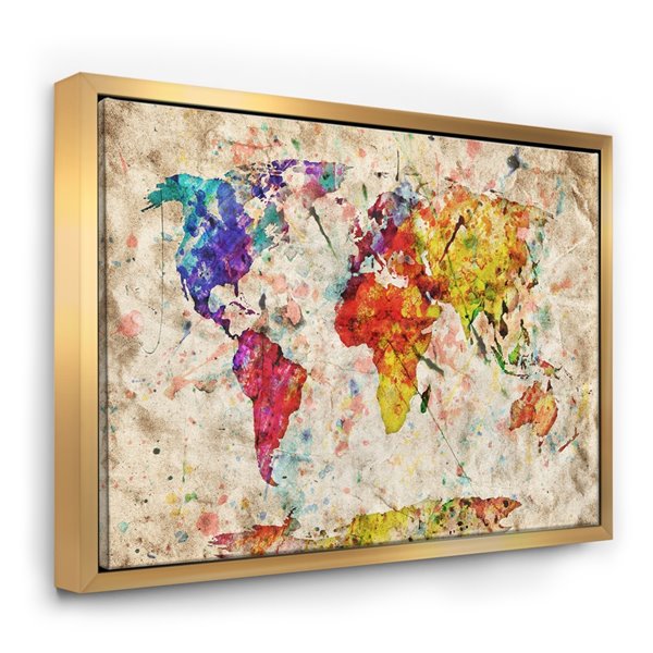 Designart 12-in x 20-in Vintage World Map Watercolour with Gold Wood ...