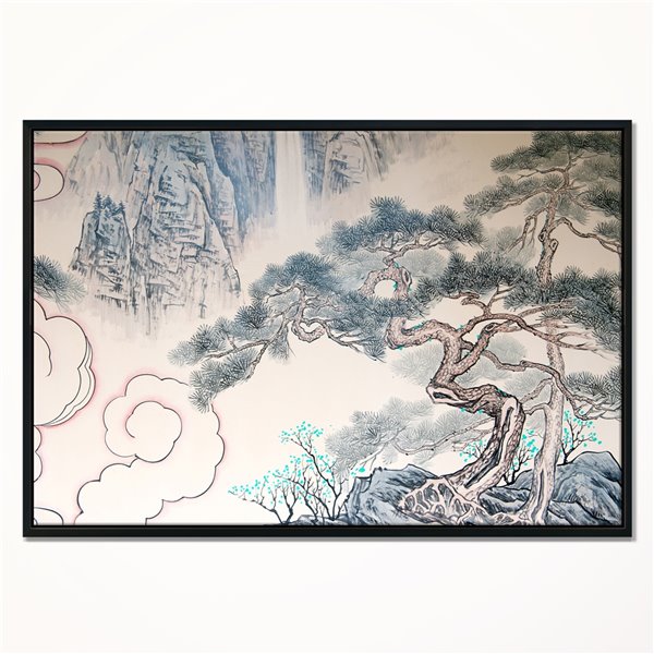 Designart 18-in x 34-in Chinese Blue Tree Art with Black Wood Framed ...
