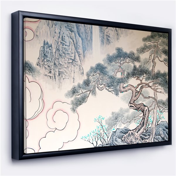 Designart 18-in x 34-in Chinese Blue Tree Art with Black Wood Framed ...