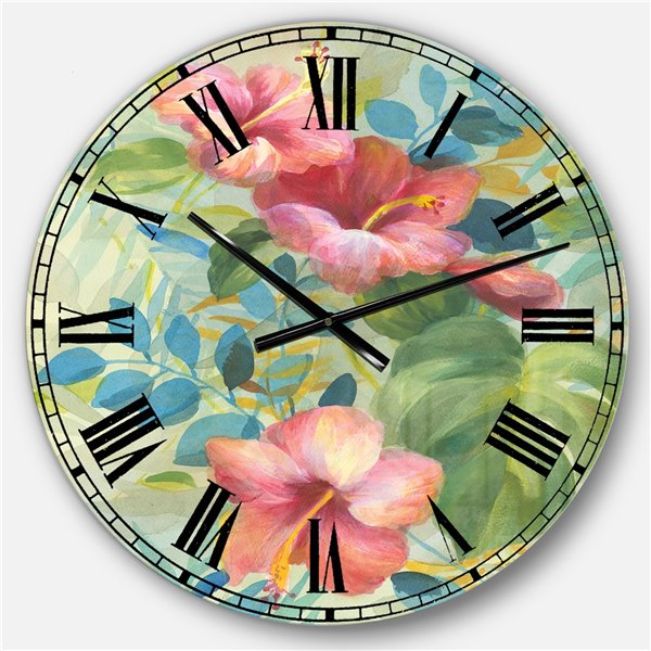 Designart 23-in x 23-in Hibiscus Garden II Farmhouse Round Wall Clock ...