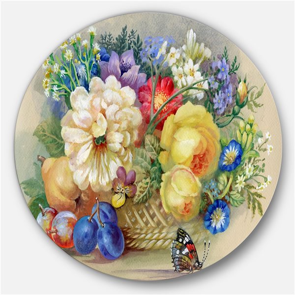 Designart 29-in x 29-in Round Bunch of Flowers and Fruits' Ultra Glossy ...