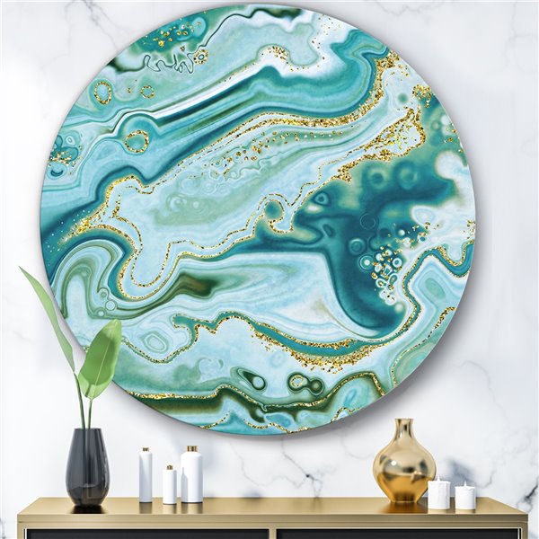 Designart 36-in x 36-in Ocean Blue Golden Marble Modern Round Circle ...