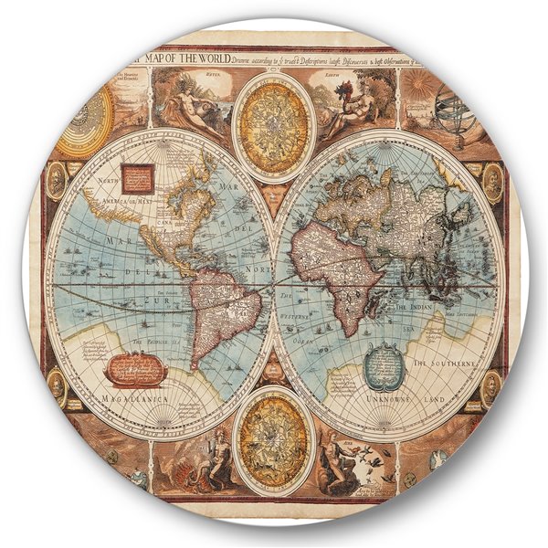 Designart 29-in x 29-in Ancient Map of the World VIII Vintage Metal ...
