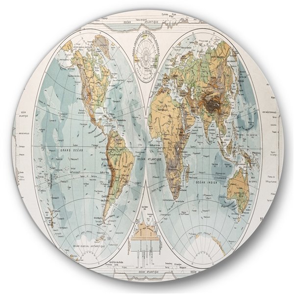 Designart 23-in x 23-in Ancient Map of the World II Rustic Metal Circle ...