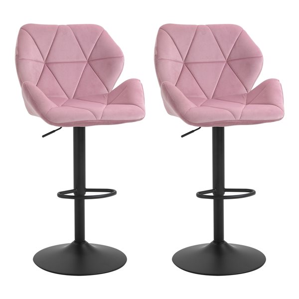 HOMCOM Pink Upholstered Bar Stools with Adjustable Height - Set of 2 ...