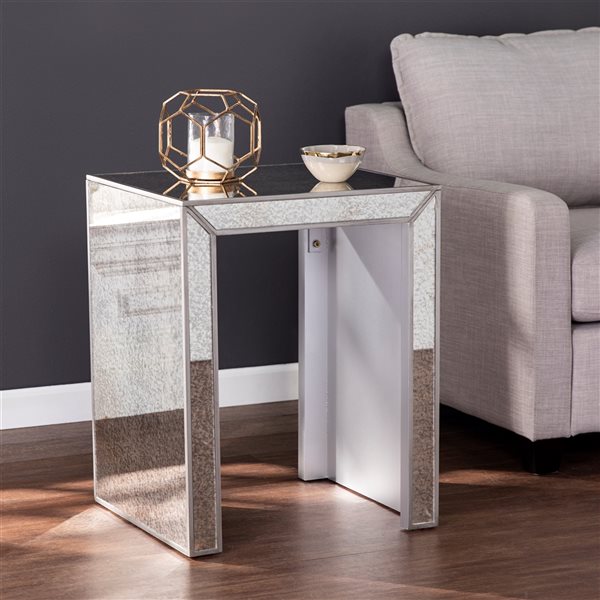 Southern Enterprises Quetter Distressed Silver Mirror Square End Table ...