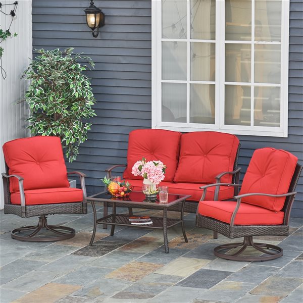 Outsunny Plastic Frame Patio Conversation Set with Red Cushion - 4 ...