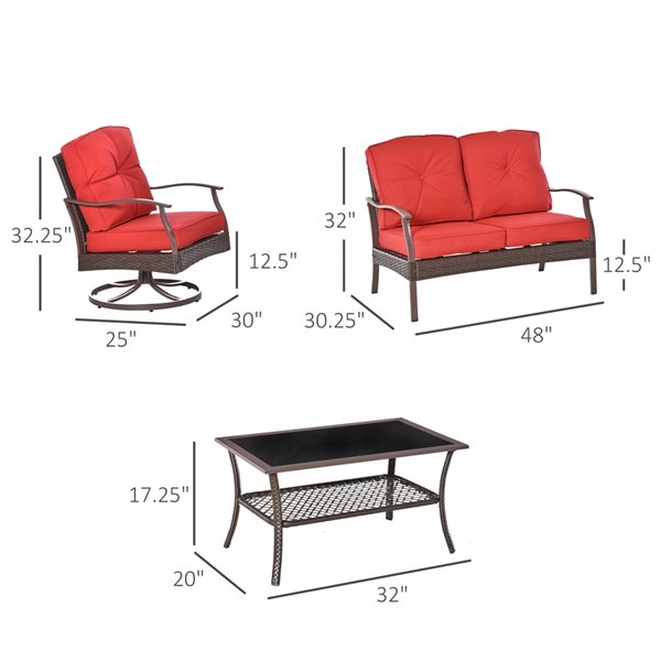 Outsunny Plastic Frame Patio Conversation Set with Red Cushion - 4 ...