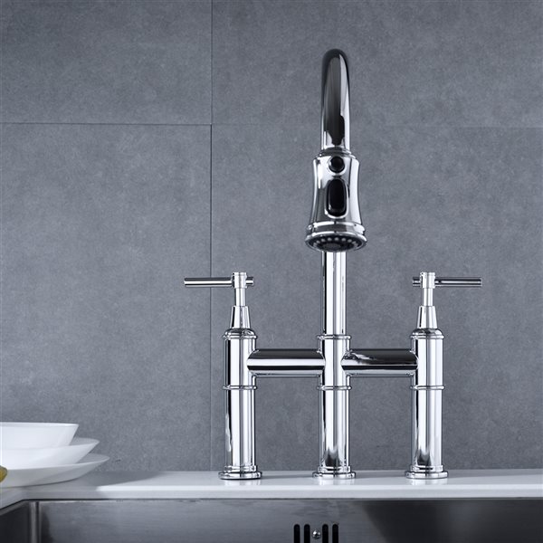 Clihome 17.32-in Chrome Bridge Kitchen Faucet with Pull-Down Sprayhead ...