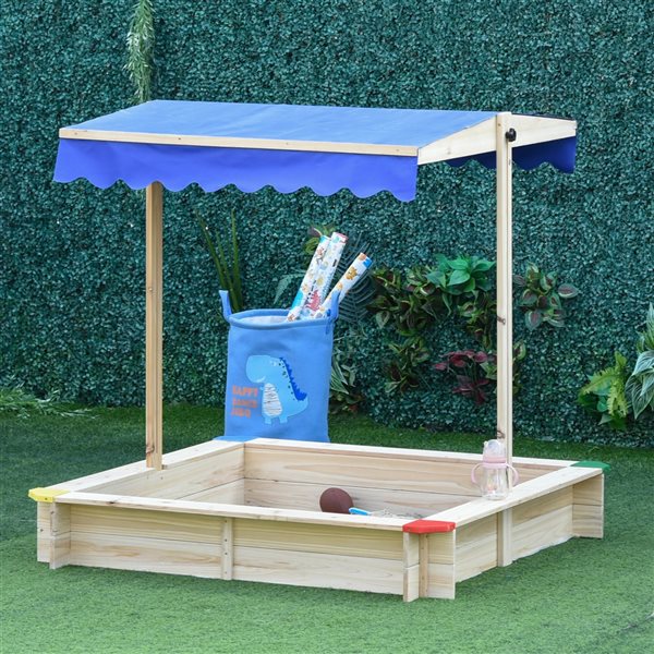 Outsunny Kids Outdoor Sand Pit with Bench and Adjustable Cover 343-035 ...
