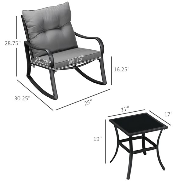 Outsunny Black Metal Rocking Chairs and Side Table with Grey Cushioned ...