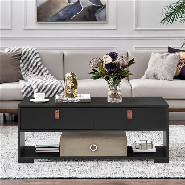 Costway Black Wood Composite Coffee Table with 2 Drawers HW66163BK | RONA