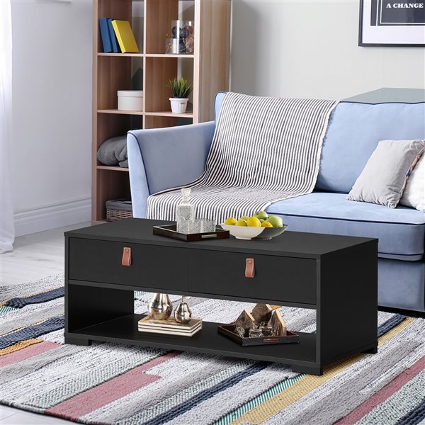 Costway Black Wood Composite Coffee Table with 2 Drawers HW66163BK | RONA