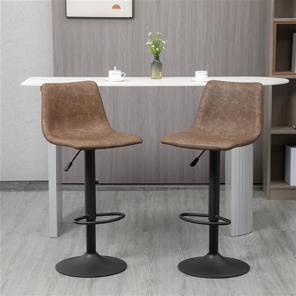 HomCom Brown Faux Leather Adjustable Height Swivel Bar Stools - 2-Pack ...