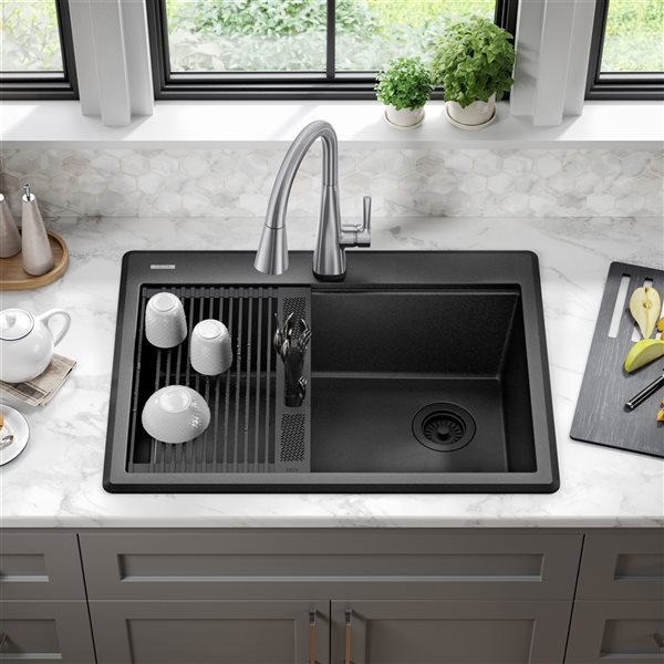 Delta Everest Drop-In 30-in x 16-in Black Granite Composite Single Bowl ...