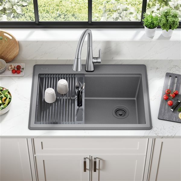 Delta Everest Drop-In 30-in x 16-in Grey Granite Composite Single Bowl ...