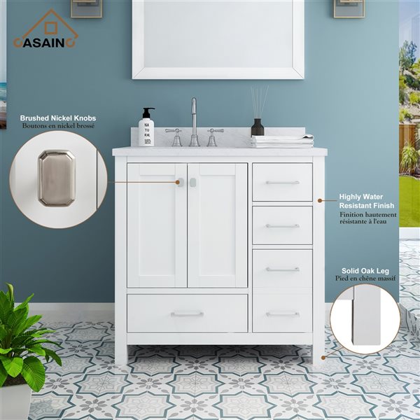 CASAINC 35.2-in White Single Sink Bathroom Vanity and White Marble Top ...