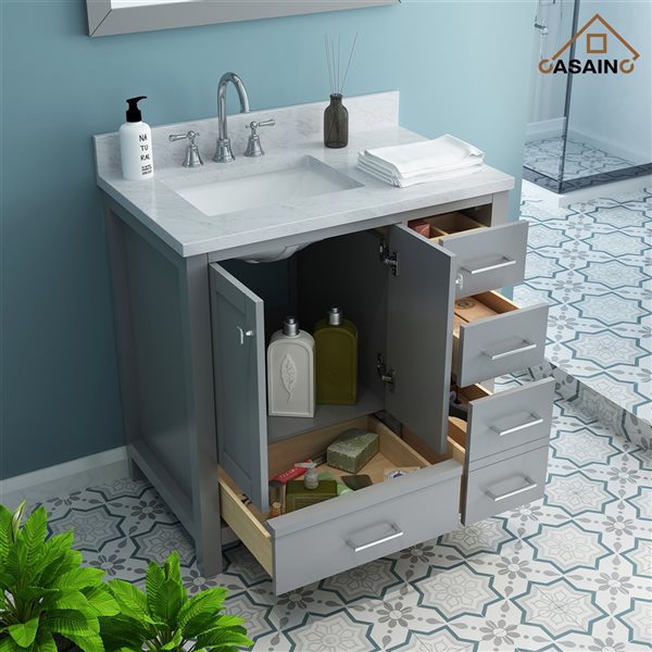 CASAINC 35.2-in Grey Single Sink Bathroom Vanity with White Marble Top ...