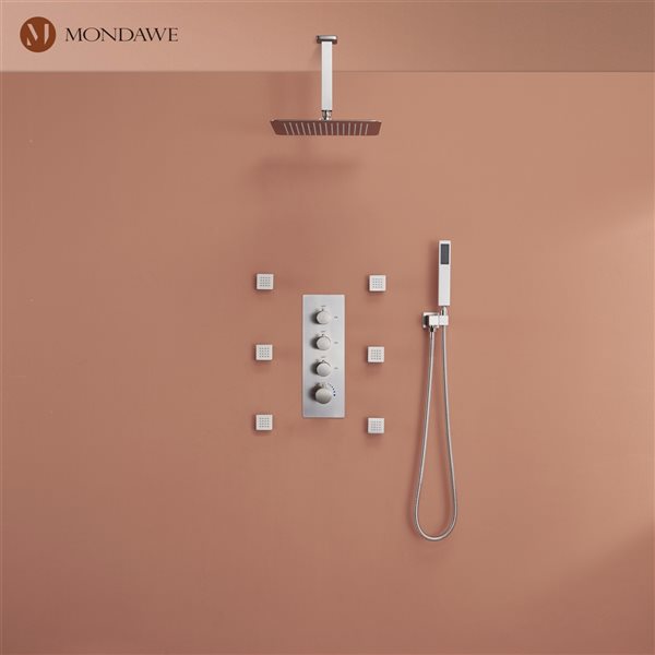 Mondawe 12-in Celling Mount Thermostatic Rain Shower System with 6 Body ...