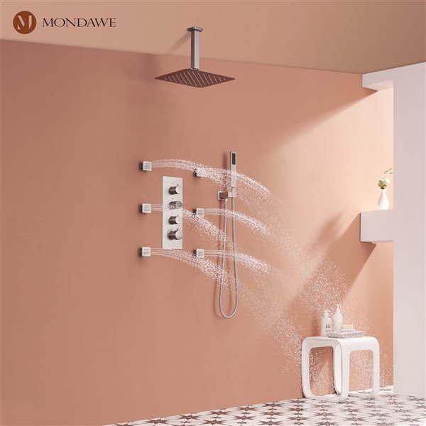 Mondawe 12-in Celling Mount Thermostatic Rain Shower System with 6 Body ...