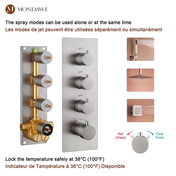 Mondawe 12-in Celling Mount Thermostatic Rain Shower System with 6 Body ...